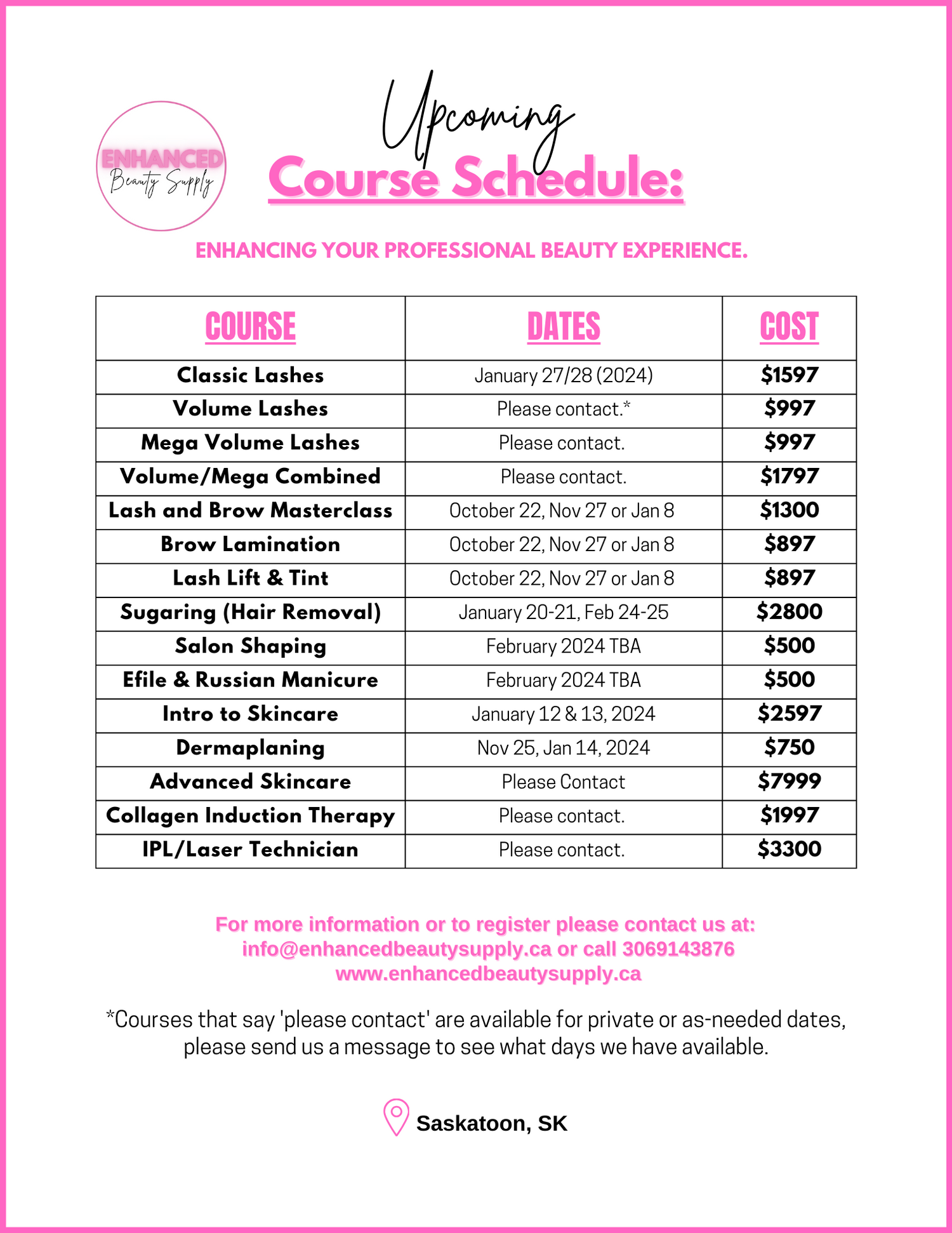 Upcoming Course Schedule – Enhanced Beauty Supply